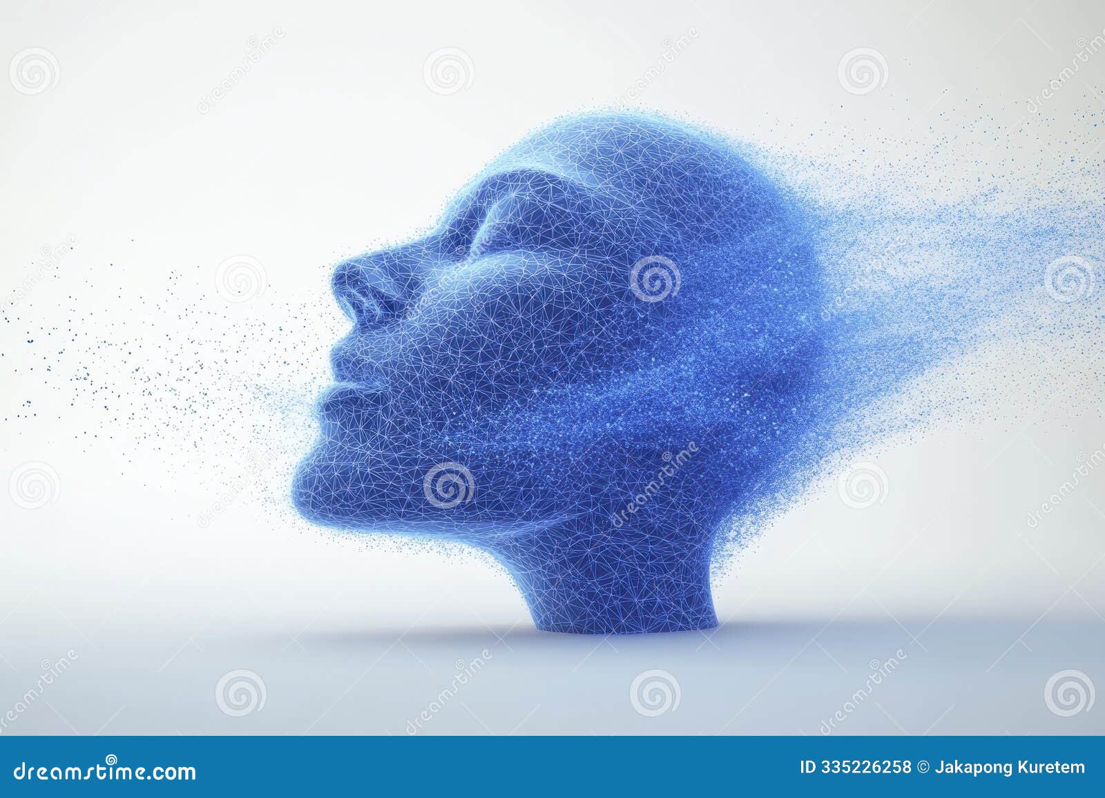 A Dissolving Blue Wireframe Human Face on a White Background. Stock ...