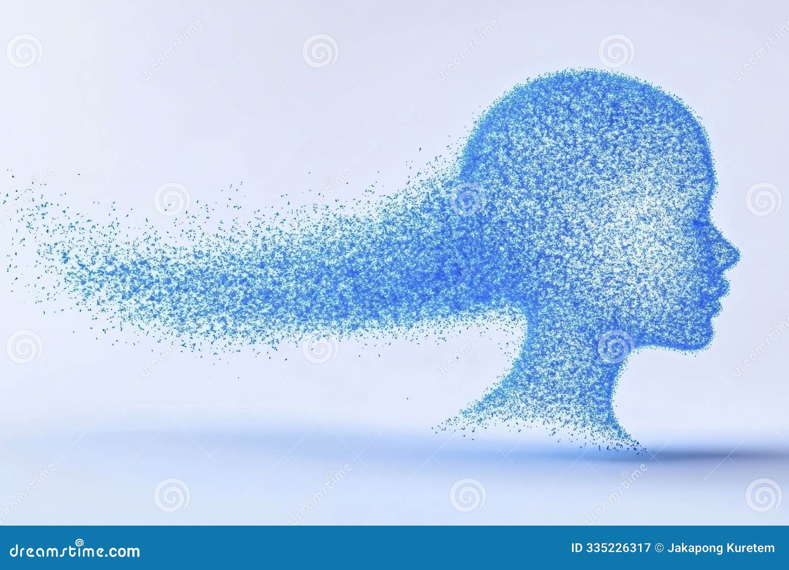 A Dissolving Blue Wireframe Human Face on a White Background. Stock ...