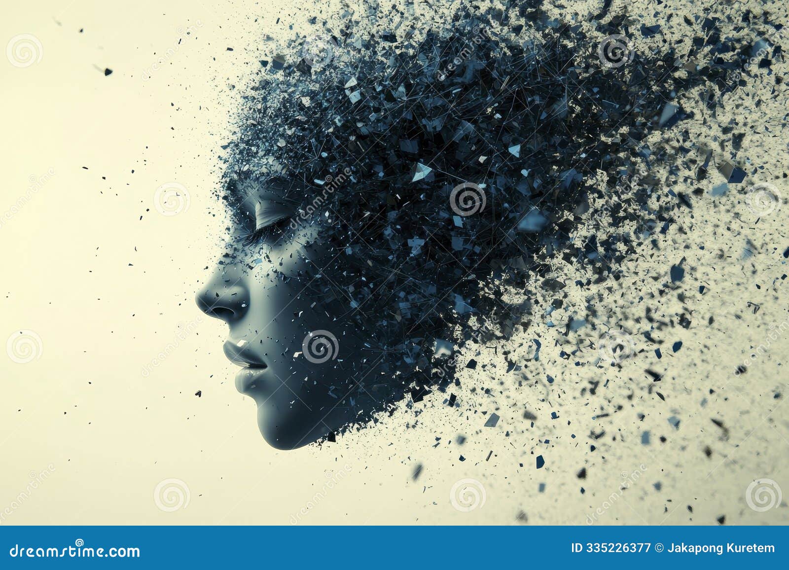 A Dissolving Blue Wireframe Human Face on a White Background. Stock ...