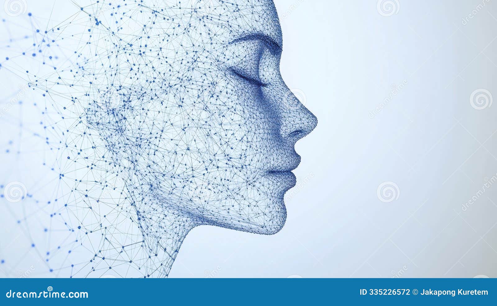 A Dissolving Blue Wireframe Human Face on a White Background. Stock ...