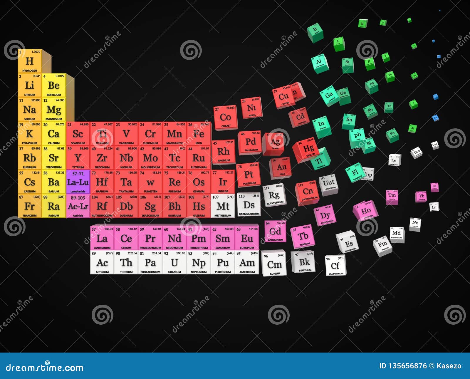 Dissolving Periodic Table on Black Background. Cubes Colored by Element ...