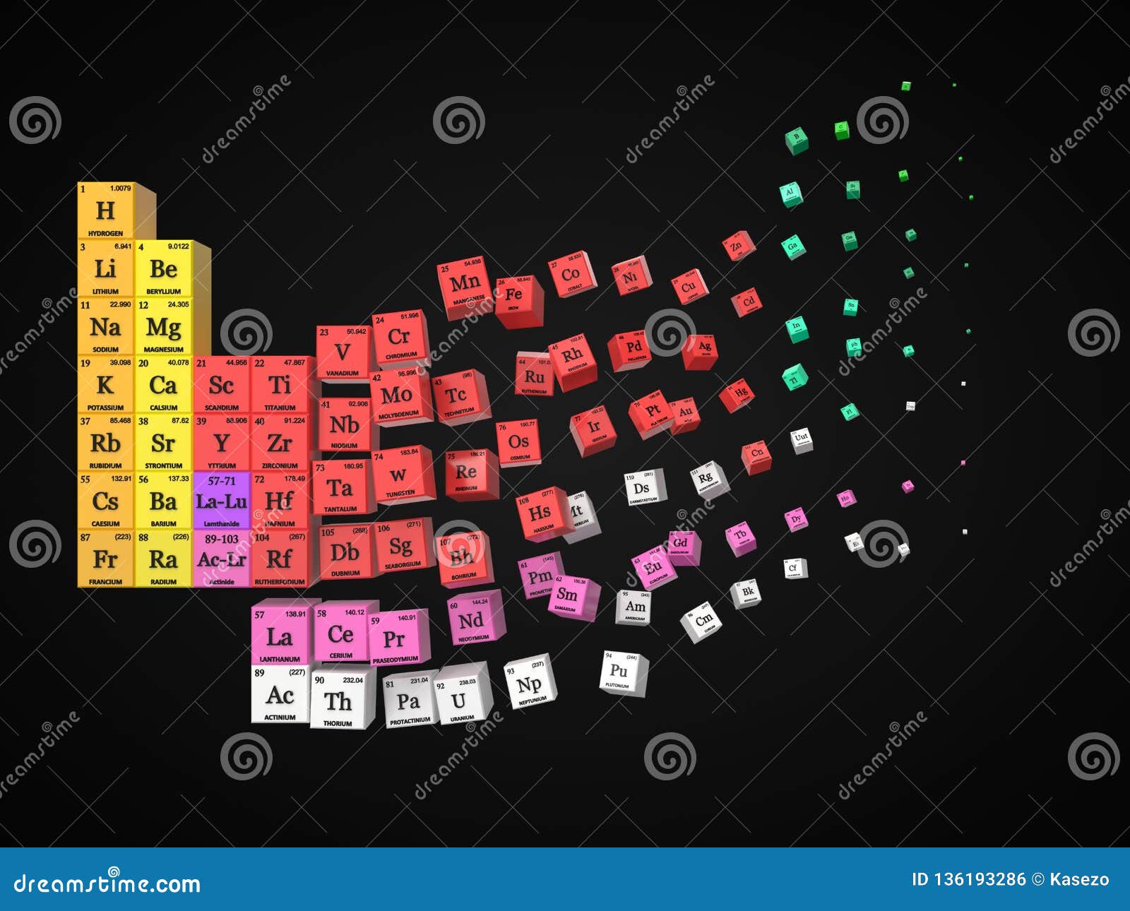 Dissolving Periodic Table on Black Background. Cubes Colored by Element ...