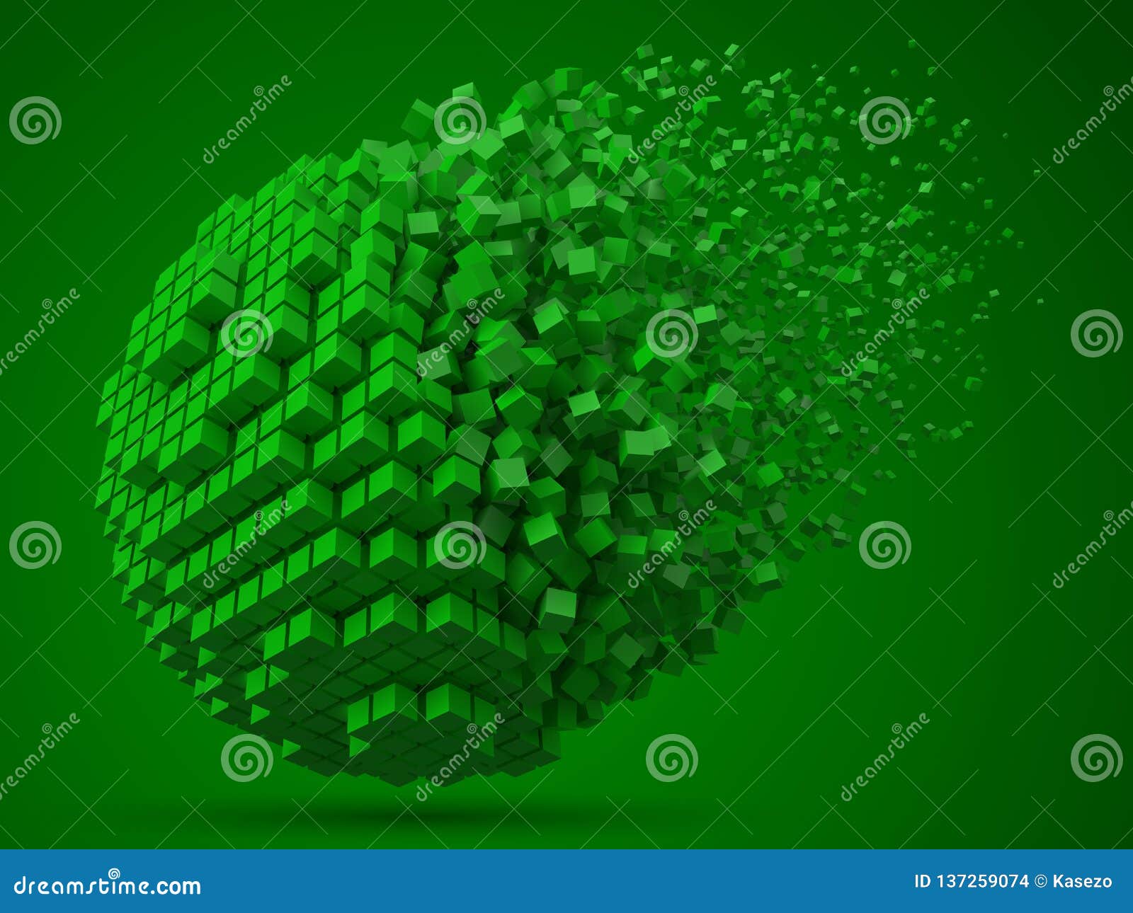 Dissolving Spherical Data Block. Made with Green Cubes. 3d Pixel Style ...
