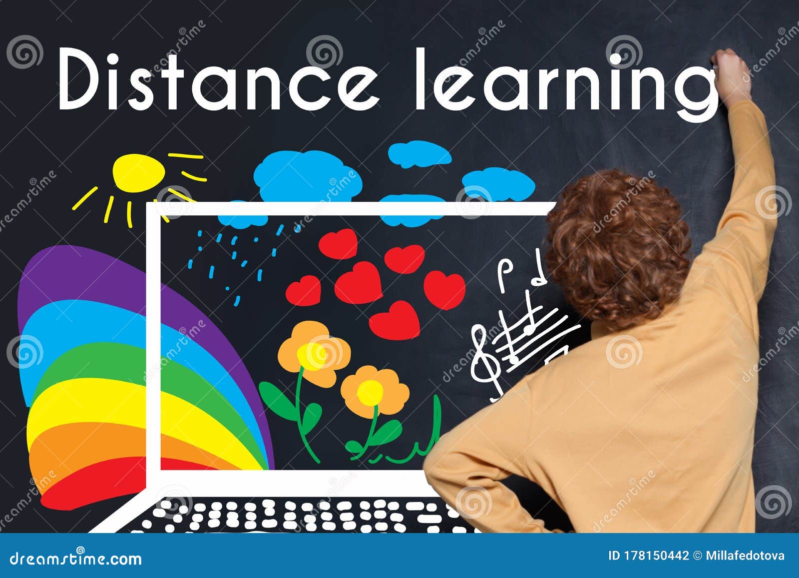 Distance Learning Background with School Boy and Colorful Sketches ...