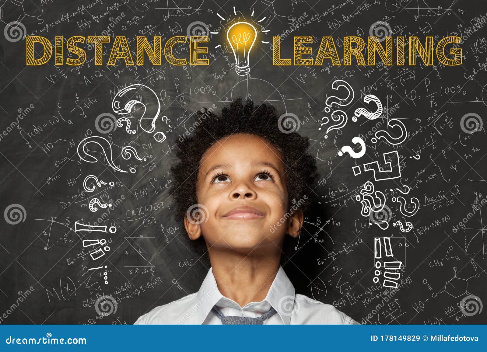 Distance Learning. Black Child Boy with Idea Light Bulb, Question Marks ...