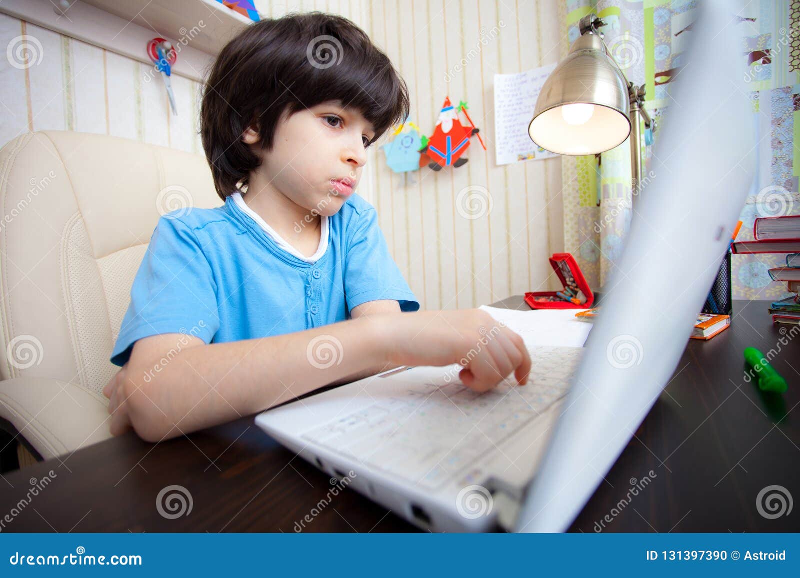 Distance Learning, a Boy with Computer Stock Photo - Image of homework ...