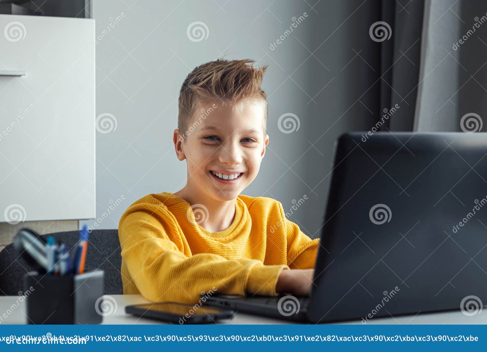 Distance Learning, a Boy Learns Math while Looking at a Laptop Beech ...