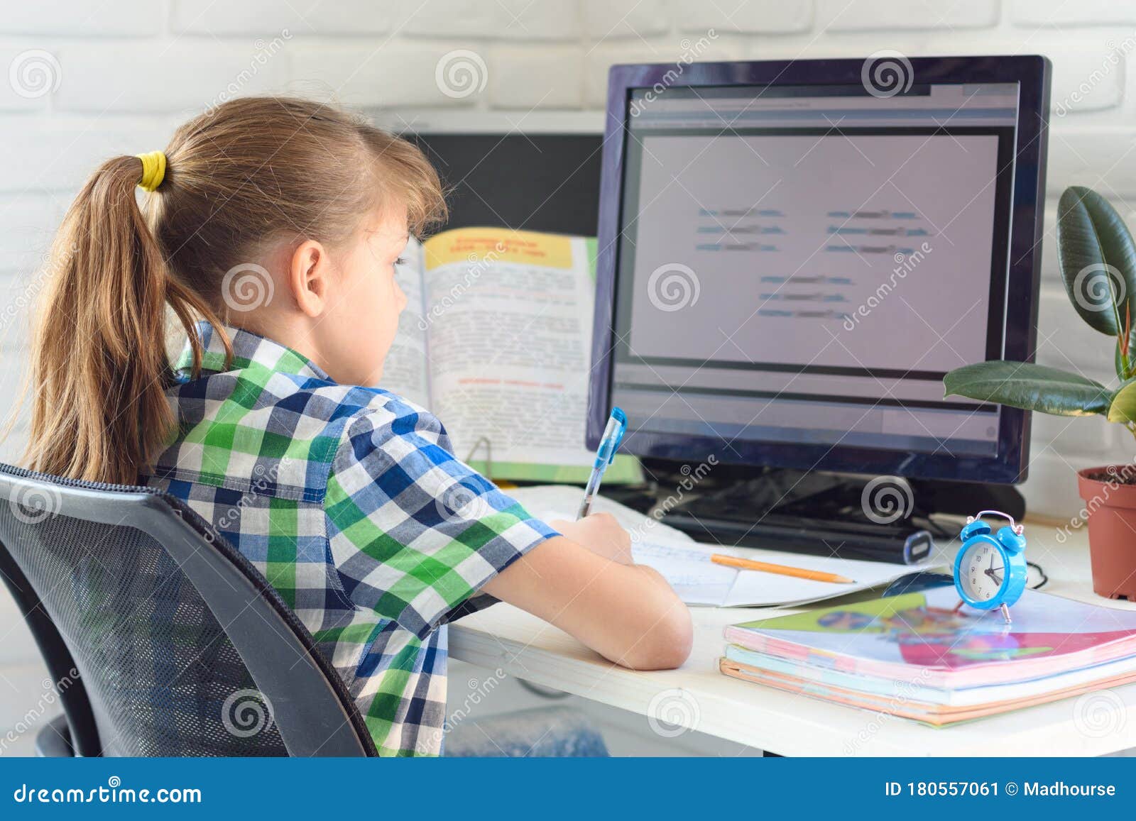 Distance Learning at Home in Front of a Computer Stock Image - Image of ...