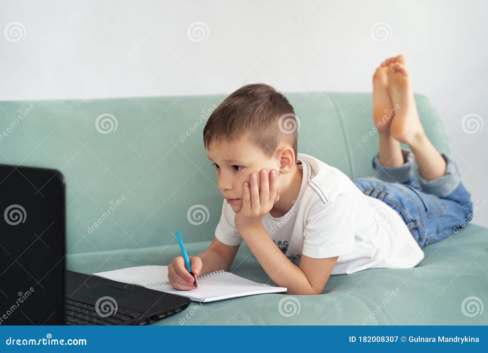 Distance Learning at Home with Students . Students Study at Home Stock ...