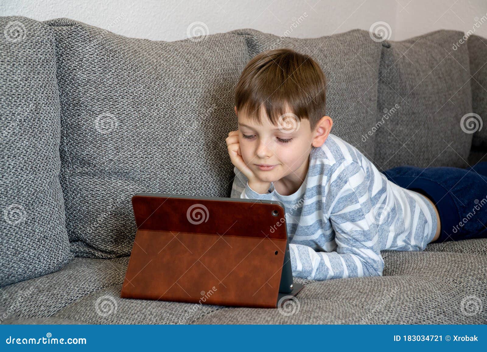 Distance Learning Online Education. School Kid Using Tablet for ...