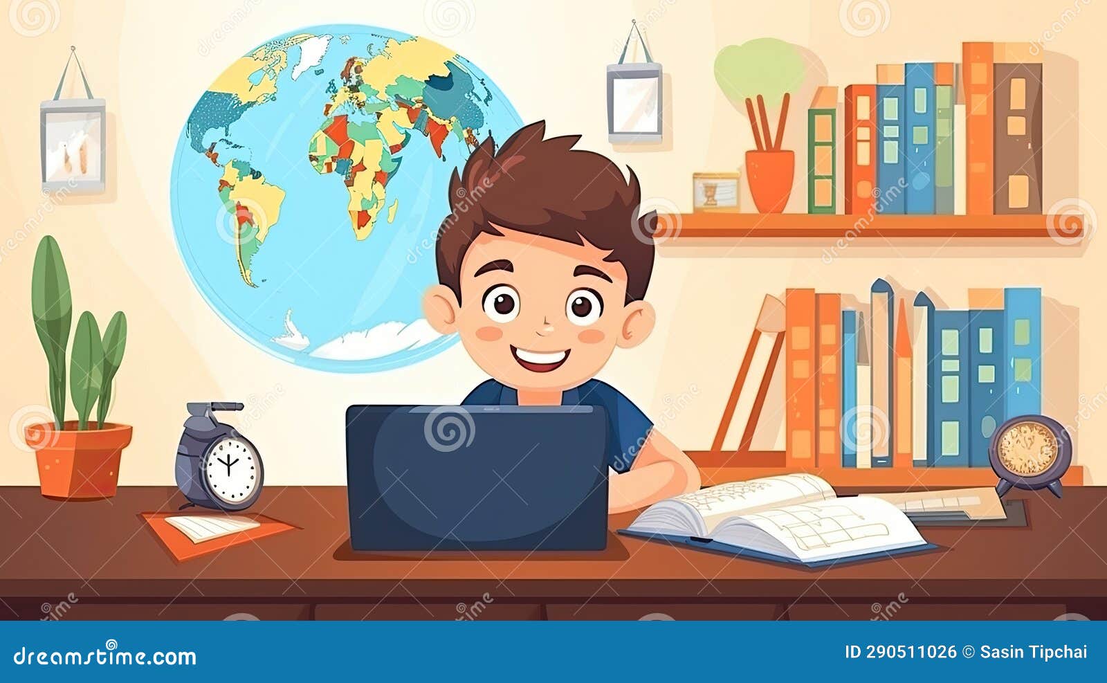 Distance Learning Online Education. a Schoolboy Boy Studies at Home and ...