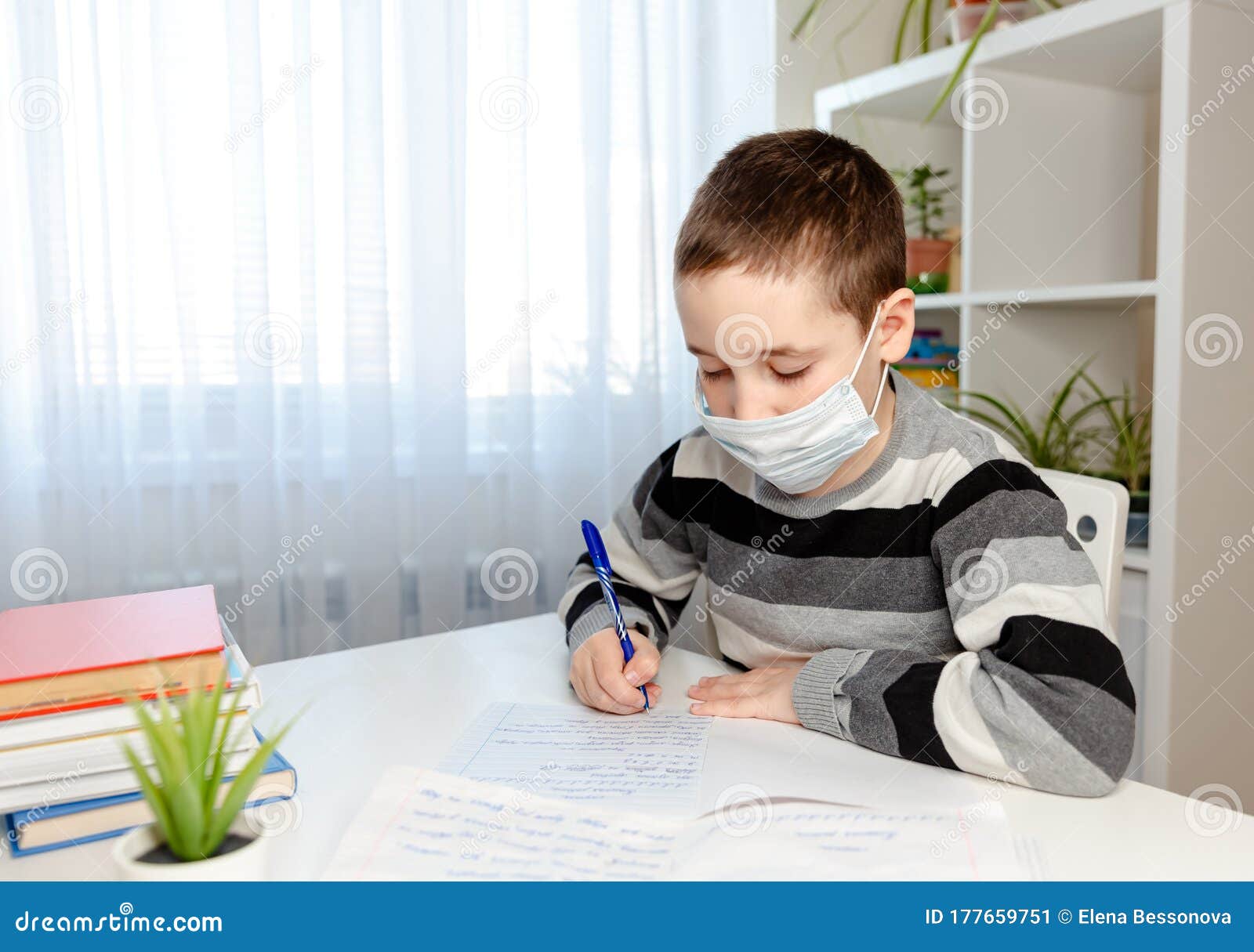 Distance Learning and Online Education. Schoolboy Studying at Home ...