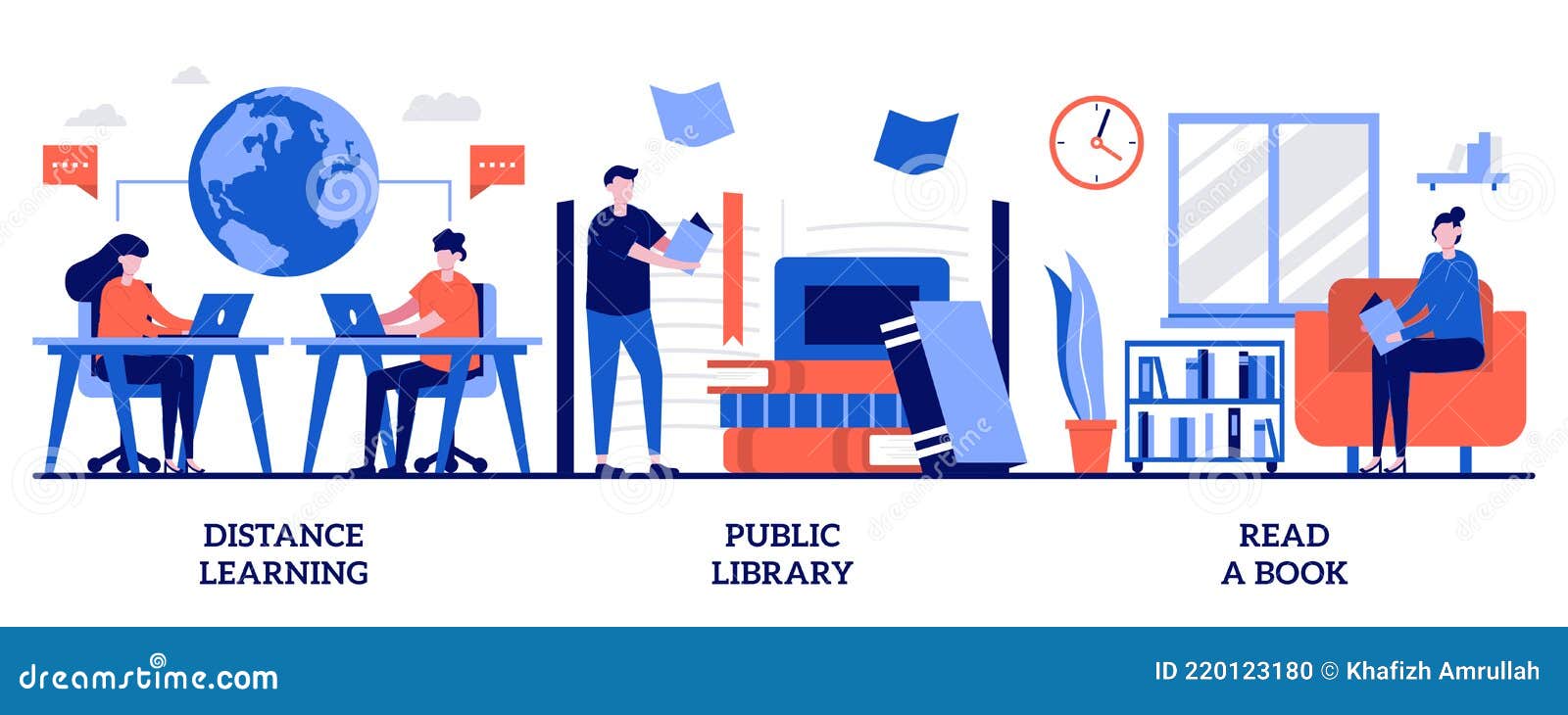 Distance Learning, Public Library, Read a Book Concept with Tiny People ...