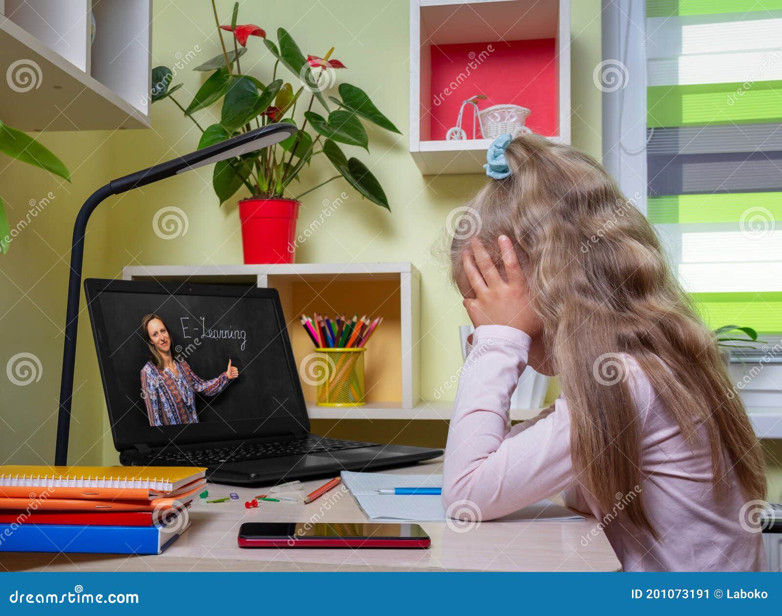 Distance Learning. Sad Girl Doesn`t Understand Lessons and Can`t Get ...