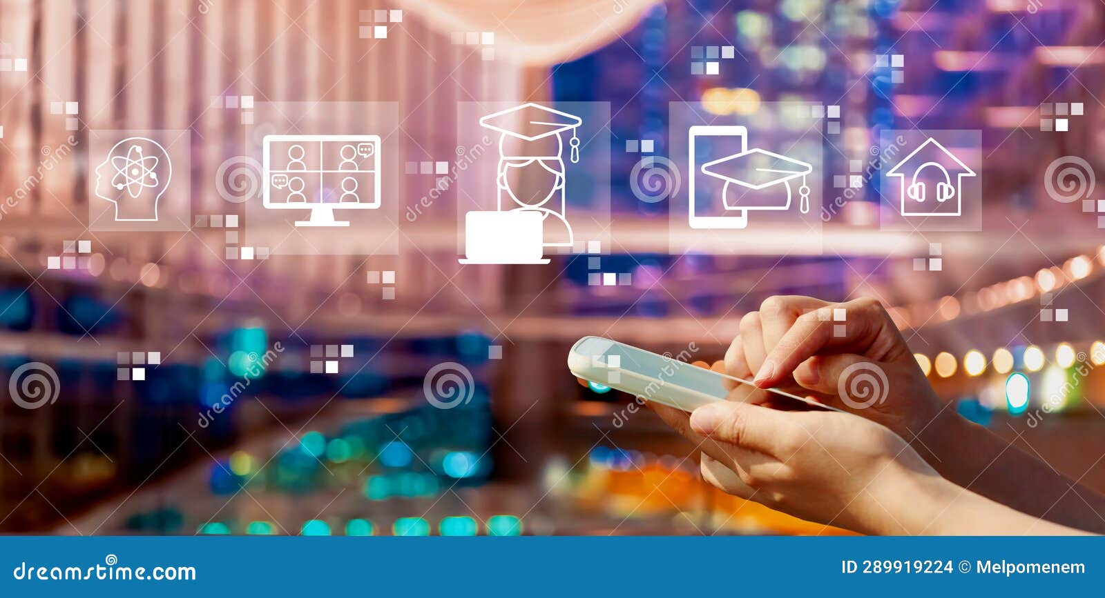 Distance Learning Theme with Person Using a Smartphone in City at Night ...