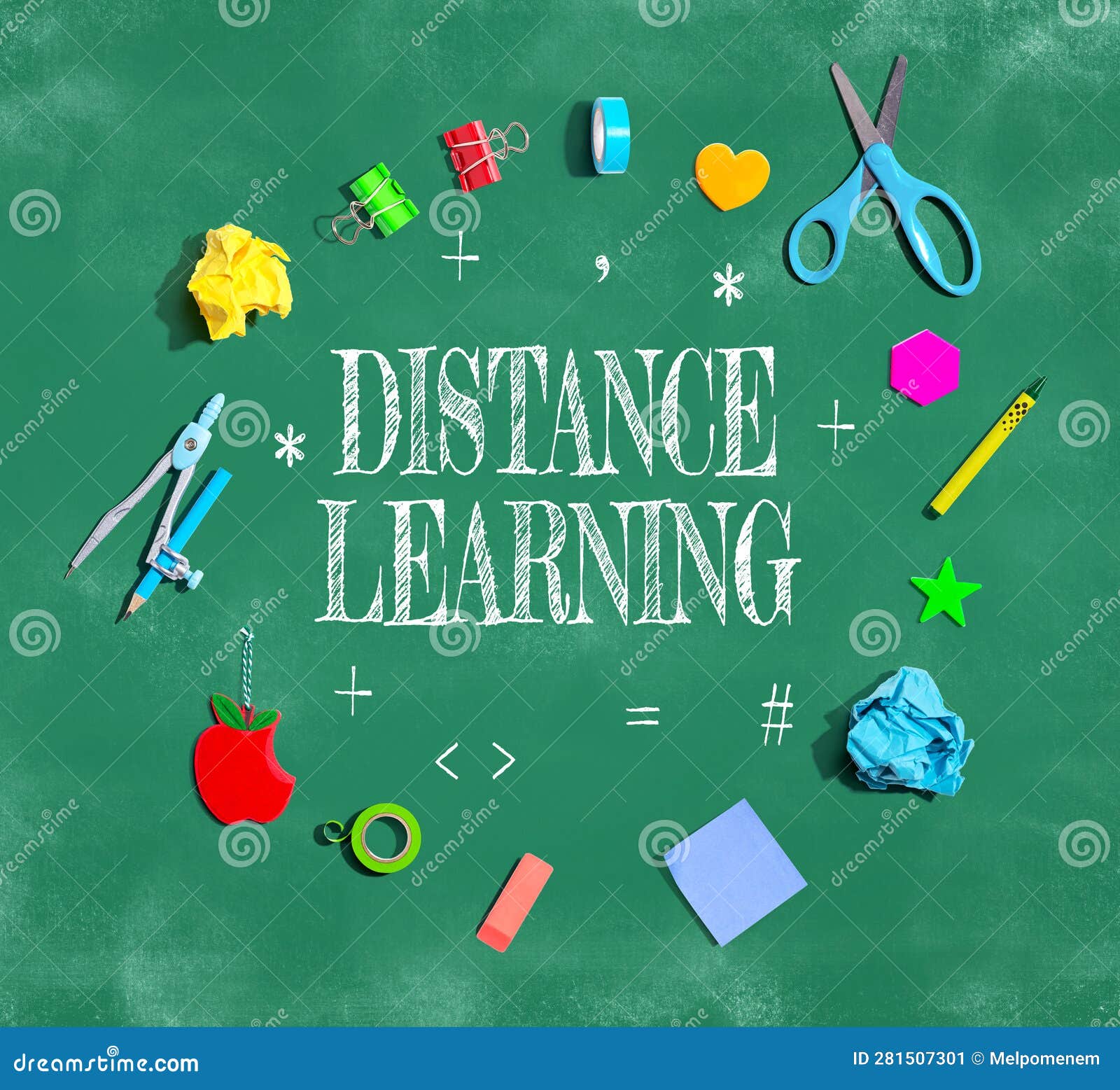 Distance Learning Theme with School Supplies on a Chalkboard Stock ...