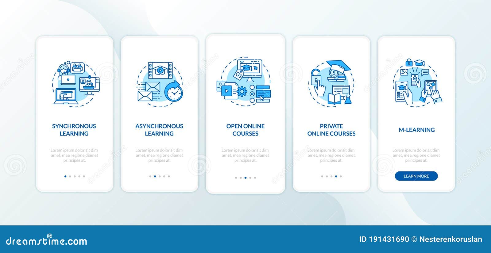 Distance Learning Types Onboarding Mobile App Page Screen with Concepts Stock Vector ...