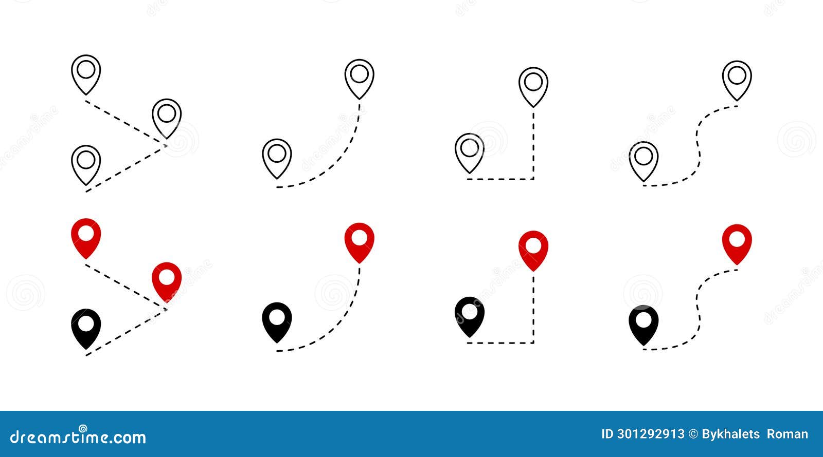 Distance Location Icons Collection. Navigation Distance Dotted Lines ...