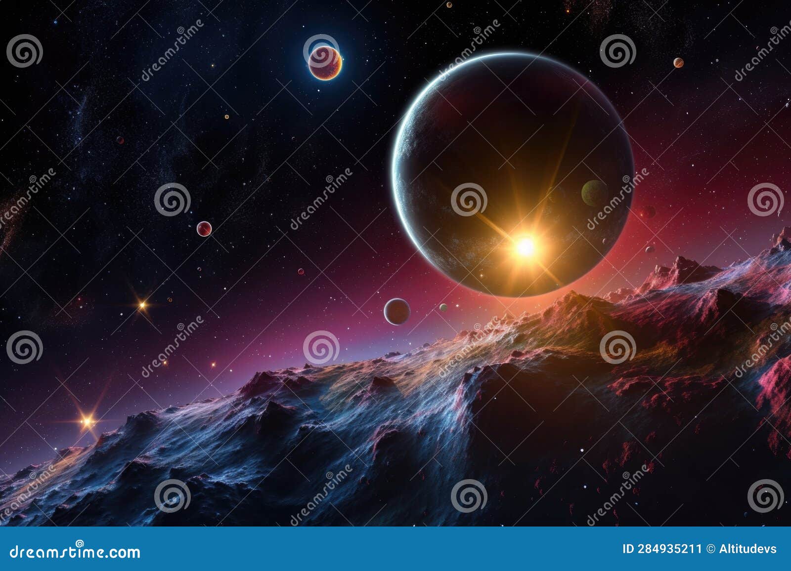 Distant Exoplanets Orbiting a Bright, Colorful Star Stock Illustration ...