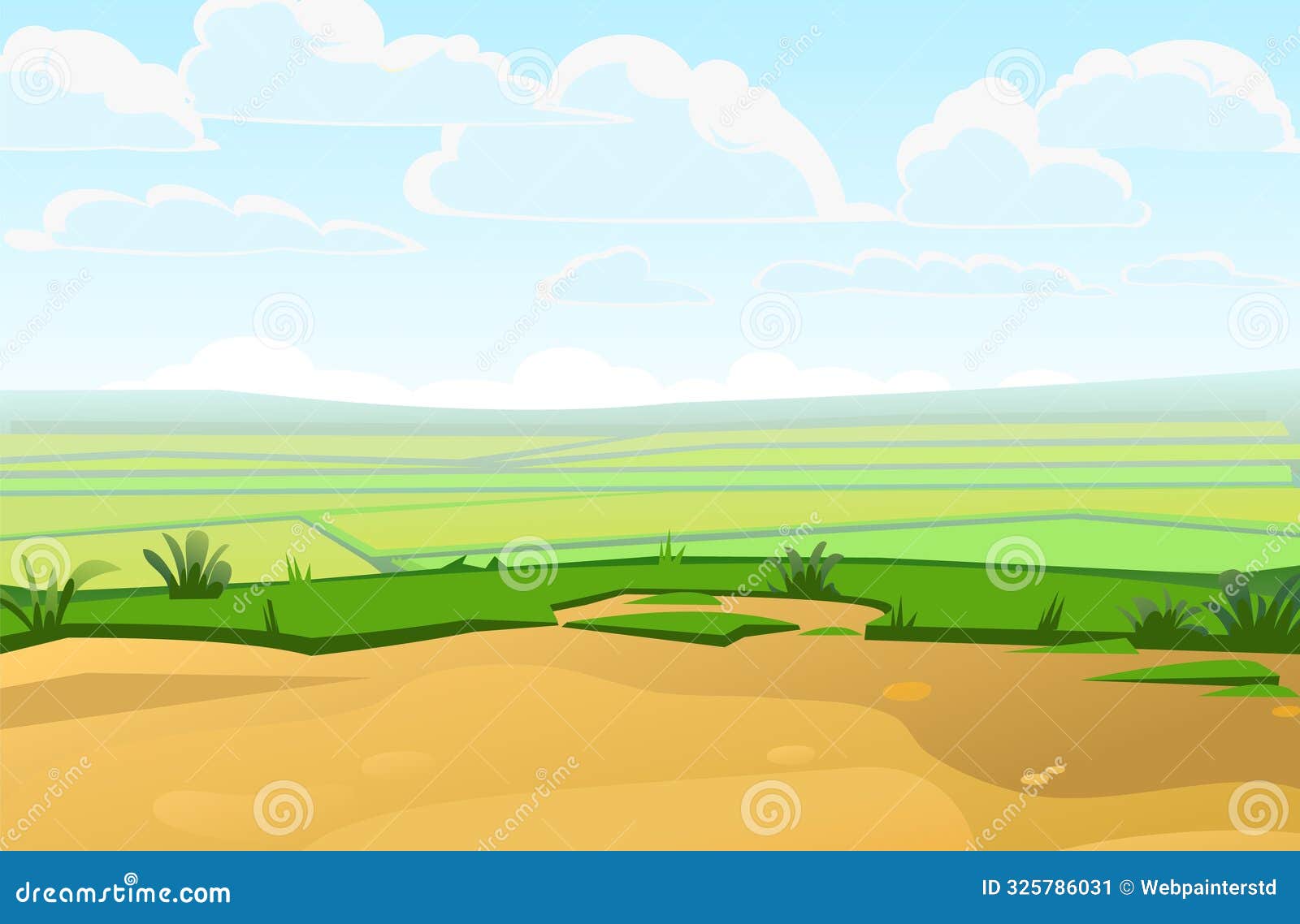 Distant Fields in Plain. Scenery Landscape. Fun Cartoon Style Stock ...