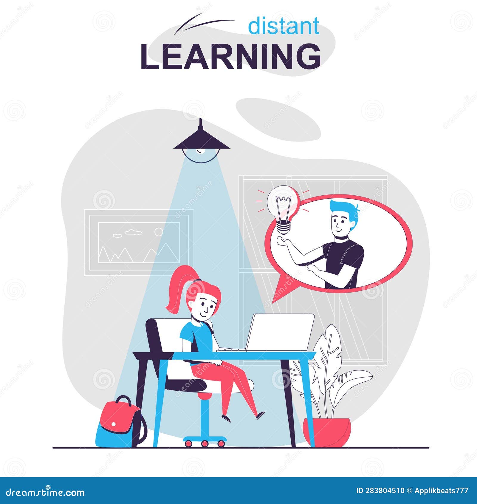 Distant Learning Isolated Cartoon Concept. Student Studies at Home ...