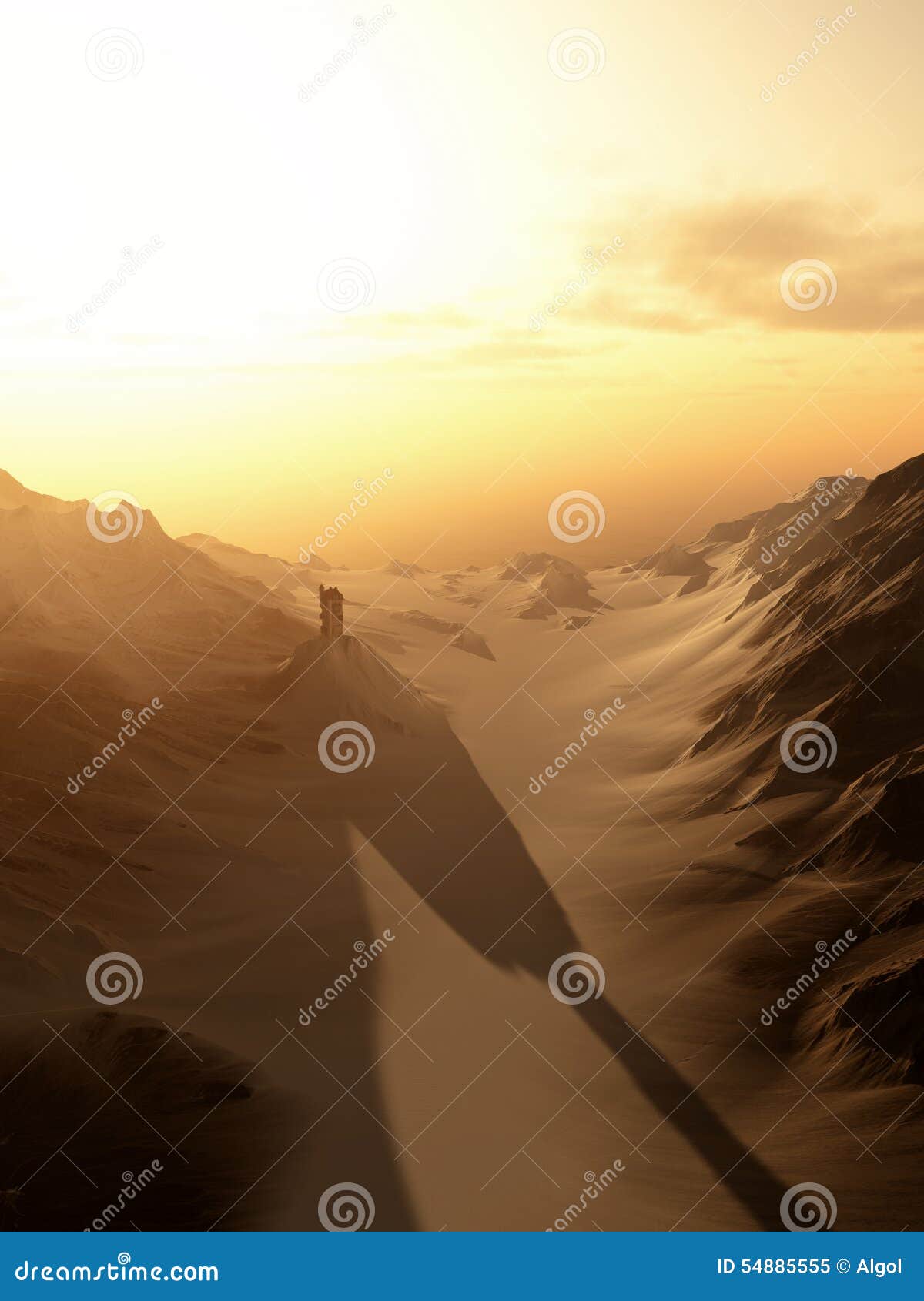 Distant Lonely Tower at Sunset with Dark Shadows Stock Illustration ...