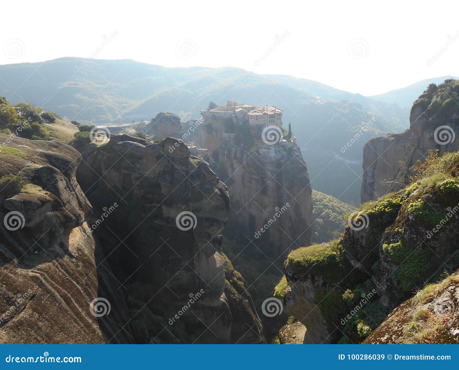 Distant Monastery on Cliff, Meteora, Greece Stock Image - Image of ...