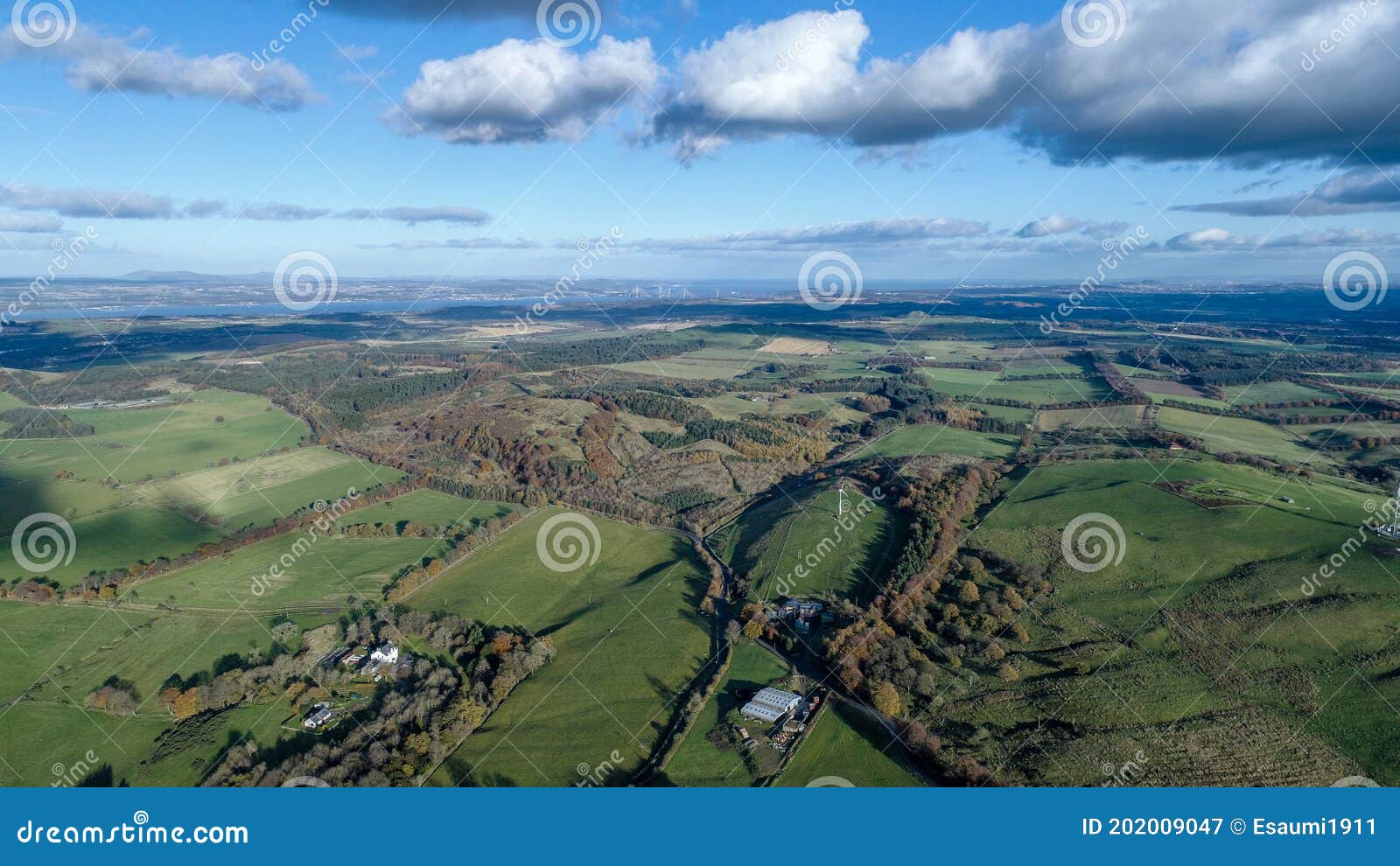Distant River Forth from a Drone in Sunshine Above West Lothian Stock ...