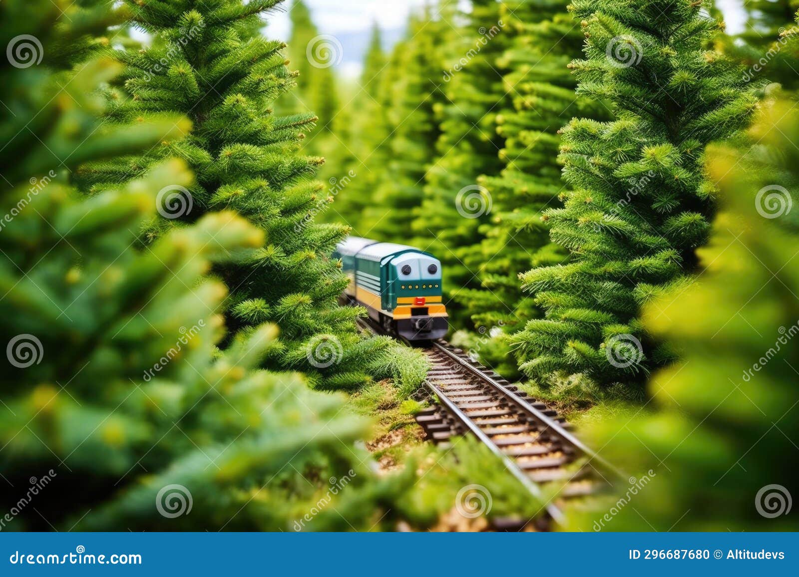 Distant Shot of a Model Train Amongst Miniature Pine Trees Stock Photo ...