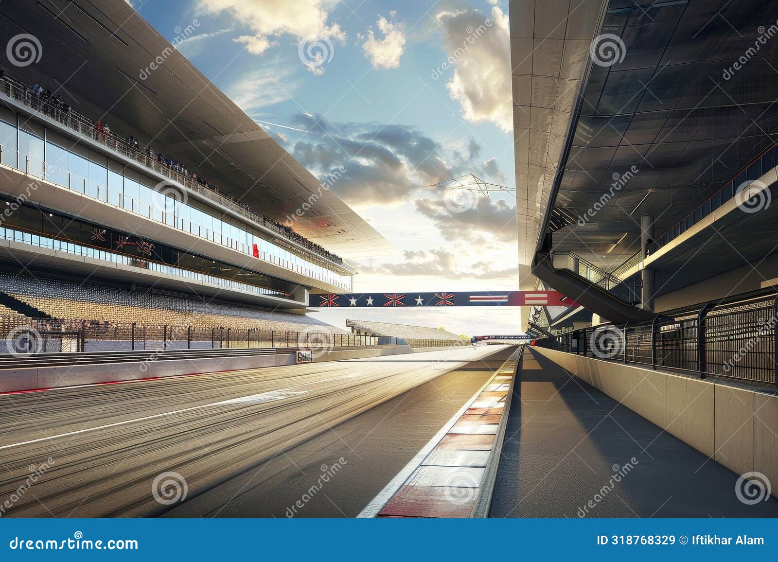 A Distant View Capturing the Race Track with Pit Lane and Grandstands ...
