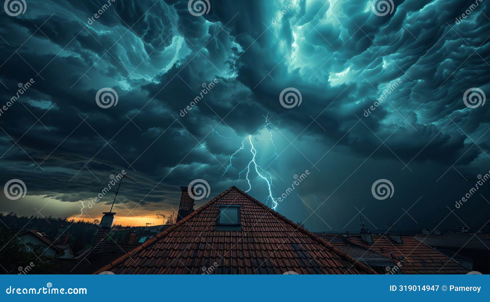 Distant View of Lightning Strike on Rainy Rooftop with Storm Clouds ...