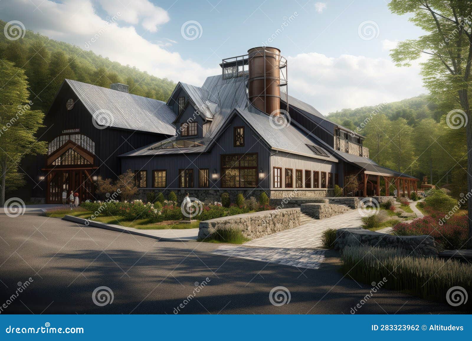 Distillery Building Exterior with Surrounding Landscape Stock ...