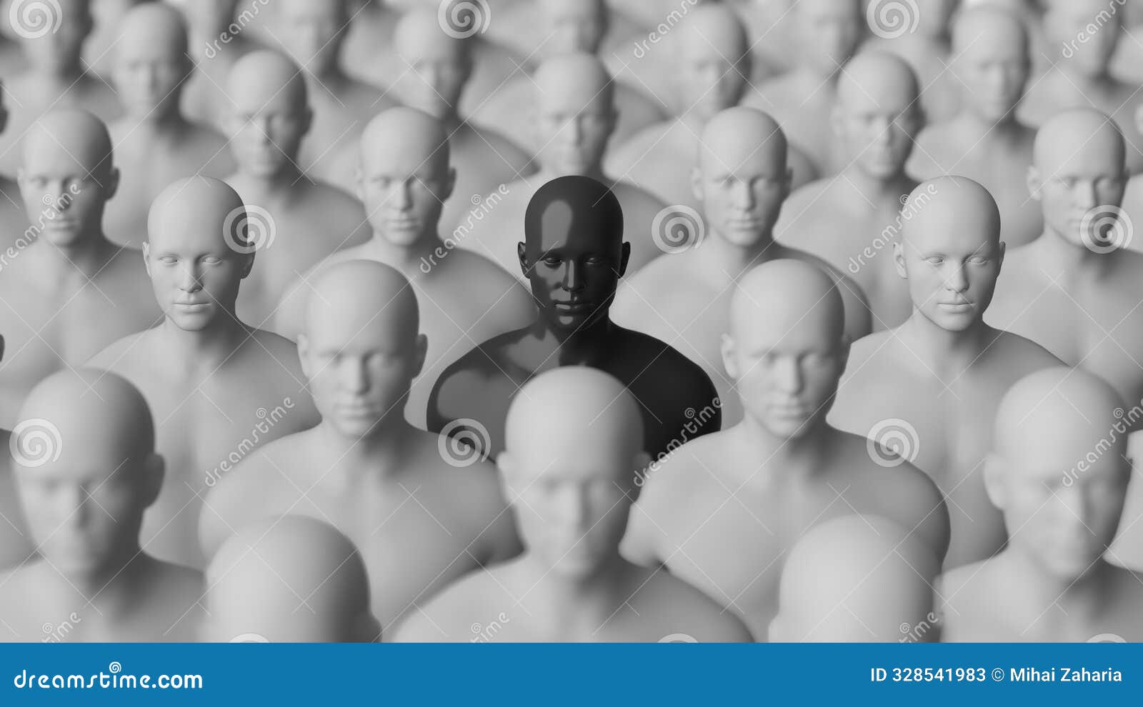 Distinct Black Figure among White Mannequins in a Crowd. Conceptual ...