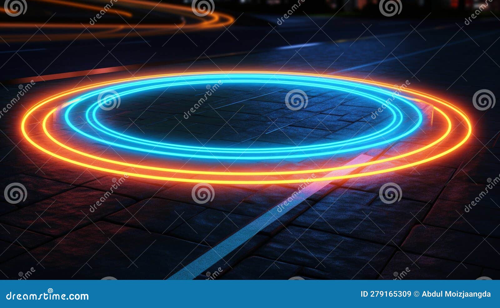 Distinctive Neon Circle Light with Glowing Wave Lines on Pavement Stock ...