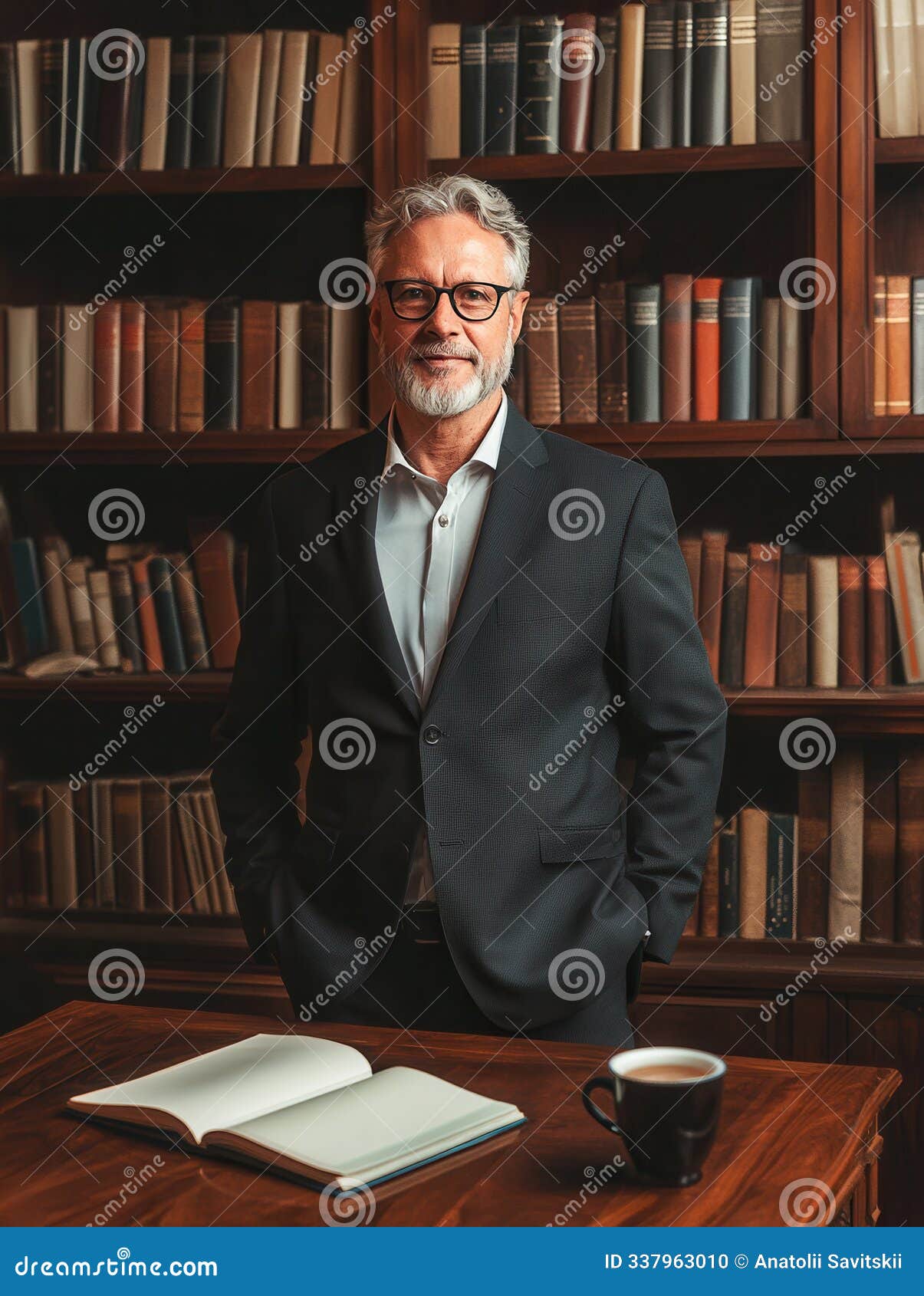 A Distinguished Professor Poses Confidently in a Suit in Front of a ...