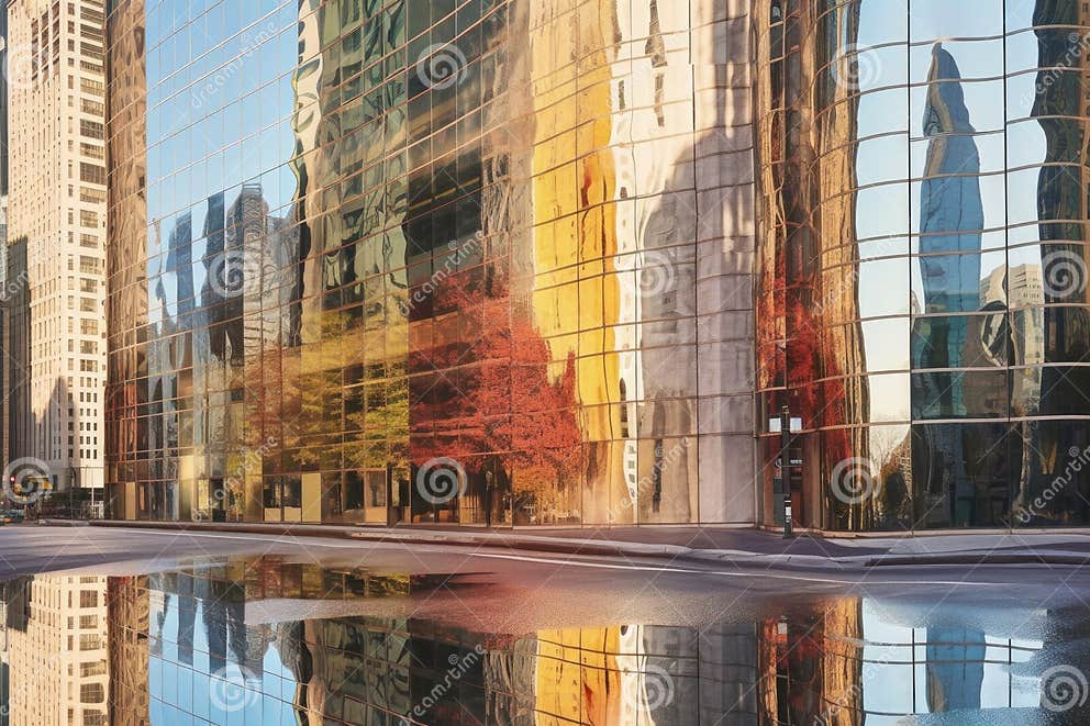 Distorted Cityscape Reflection on Curved Skyscraper Facade Stock ...