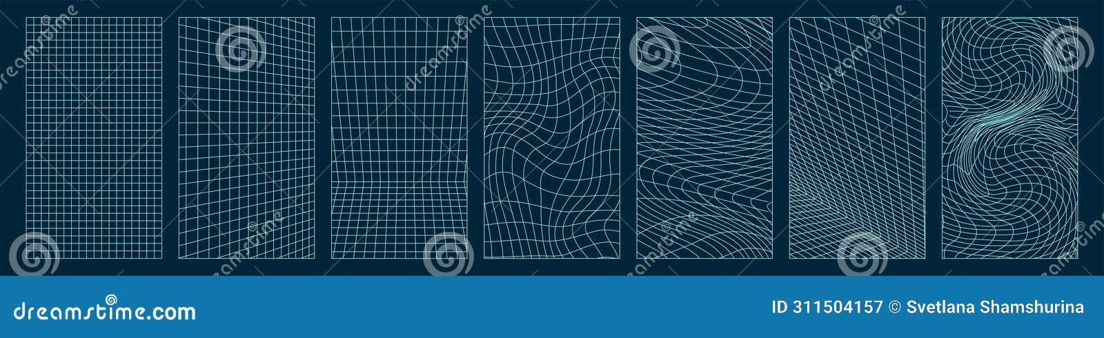 Distorted and Perspective Neon Grid Vertical Backgrounds Set. Abstract ...