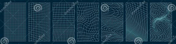 Distorted and Perspective Neon Grid Vertical Backgrounds Set. Abstract ...