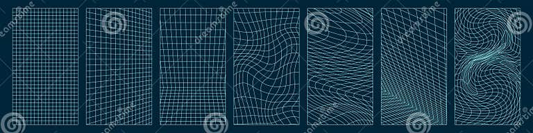 Distorted and Perspective Neon Grid Vertical Backgrounds Set. Abstract ...