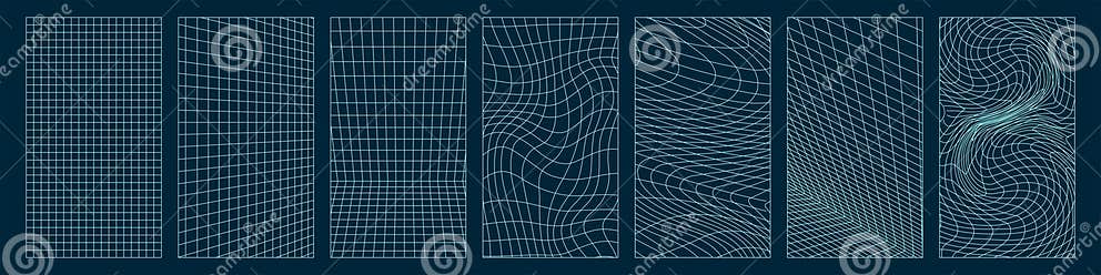 Distorted and Perspective Neon Grid Vertical Backgrounds Set. Abstract ...