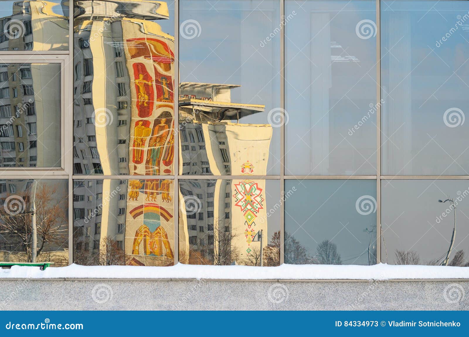Distorted Reflections of Buildings in the City in the Stained-glass ...