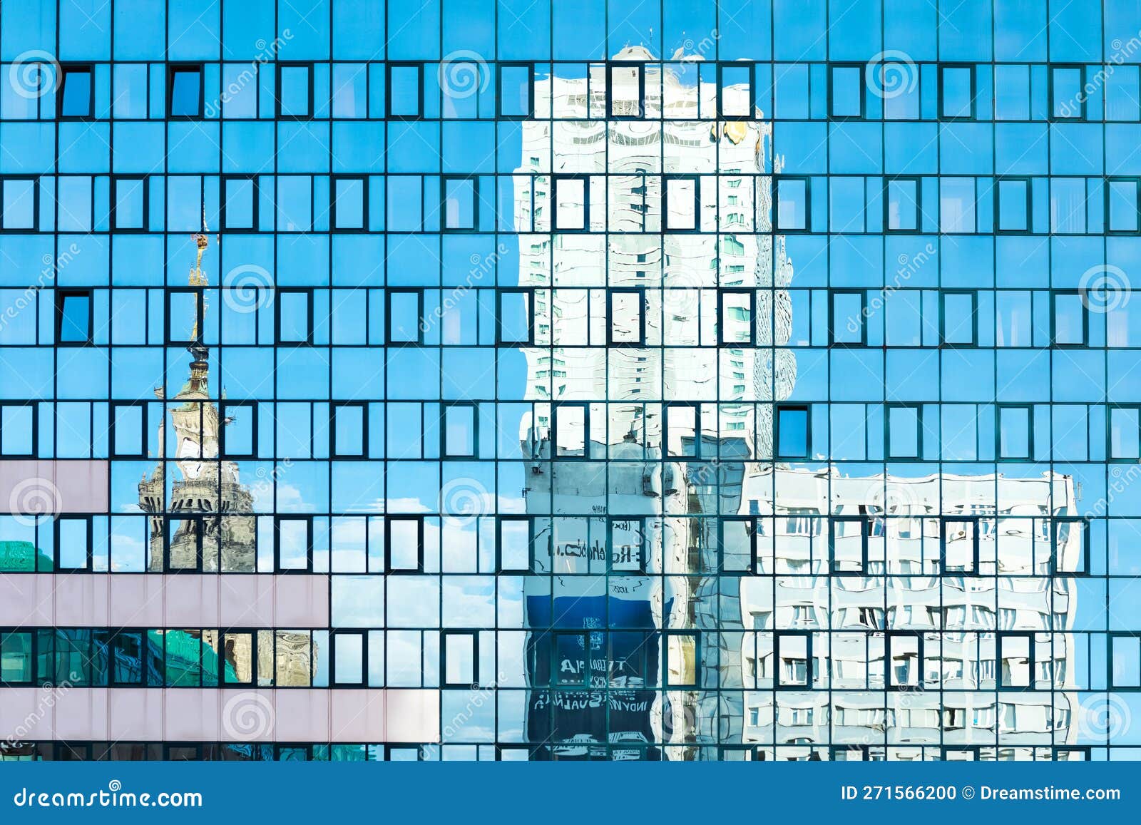 Distorted Reflections Of Skyscrapers In The Glass Facade Of A Modern ...