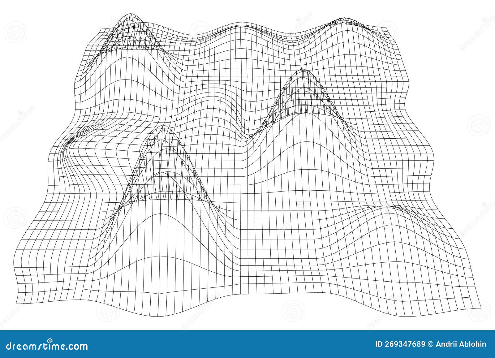 Distorted Terrain Wireframe On White Background. Grid Perspective ...