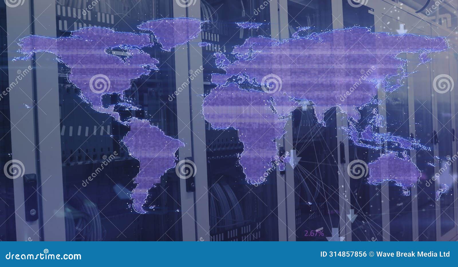 Distorting Purple Digital World Map Over Computer Server Room Stock ...