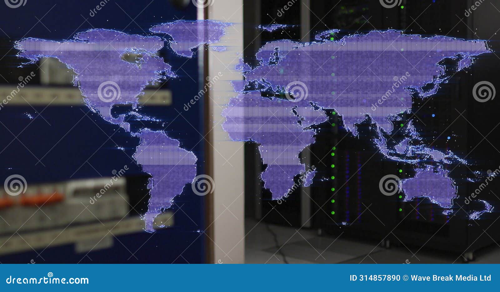 Distorting Purple Digital World Map Over Computer Server Room Stock ...