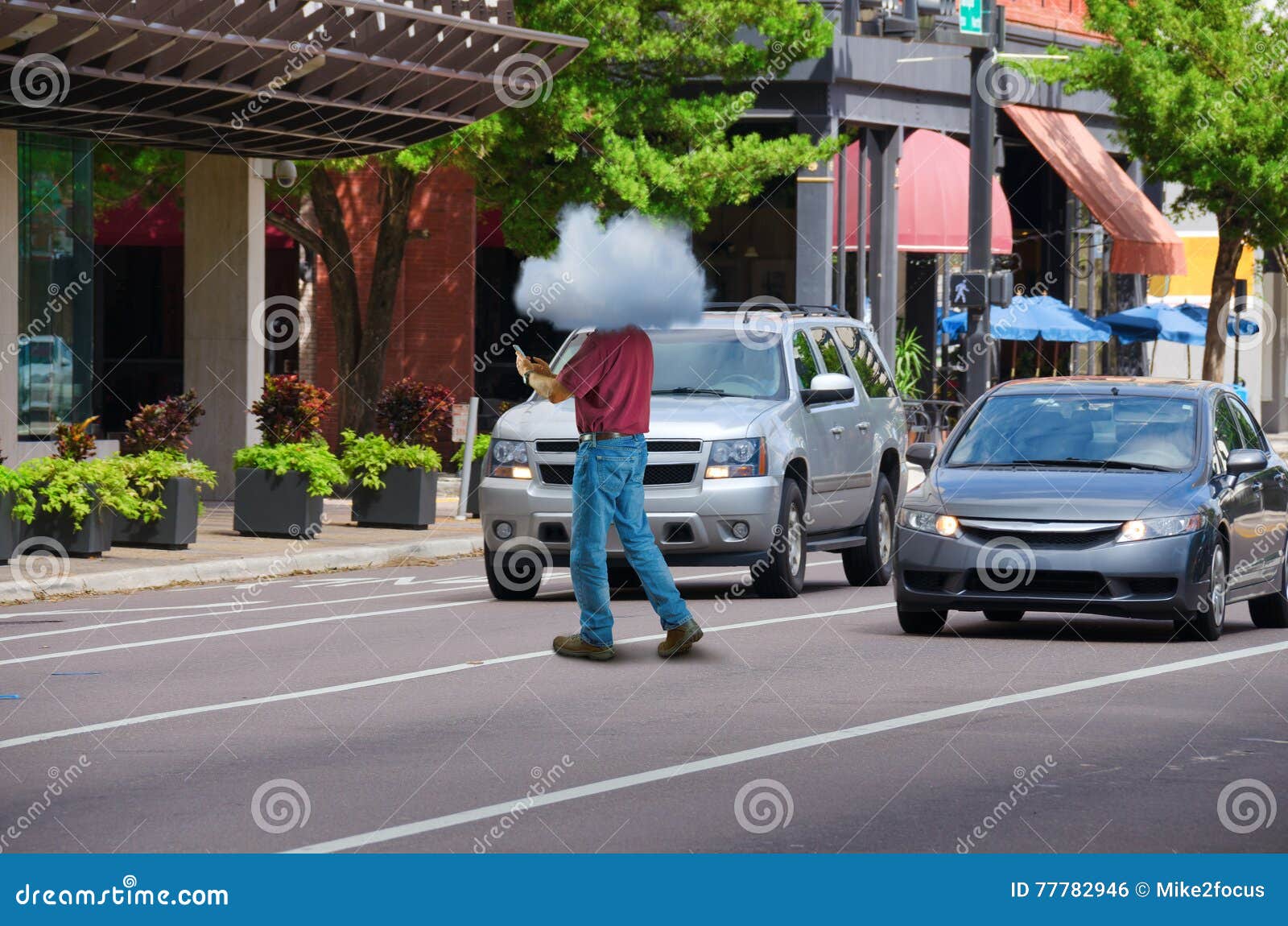 Distracted Cell Phone User Man W Head in Clouds Stock Photo - Image of ...