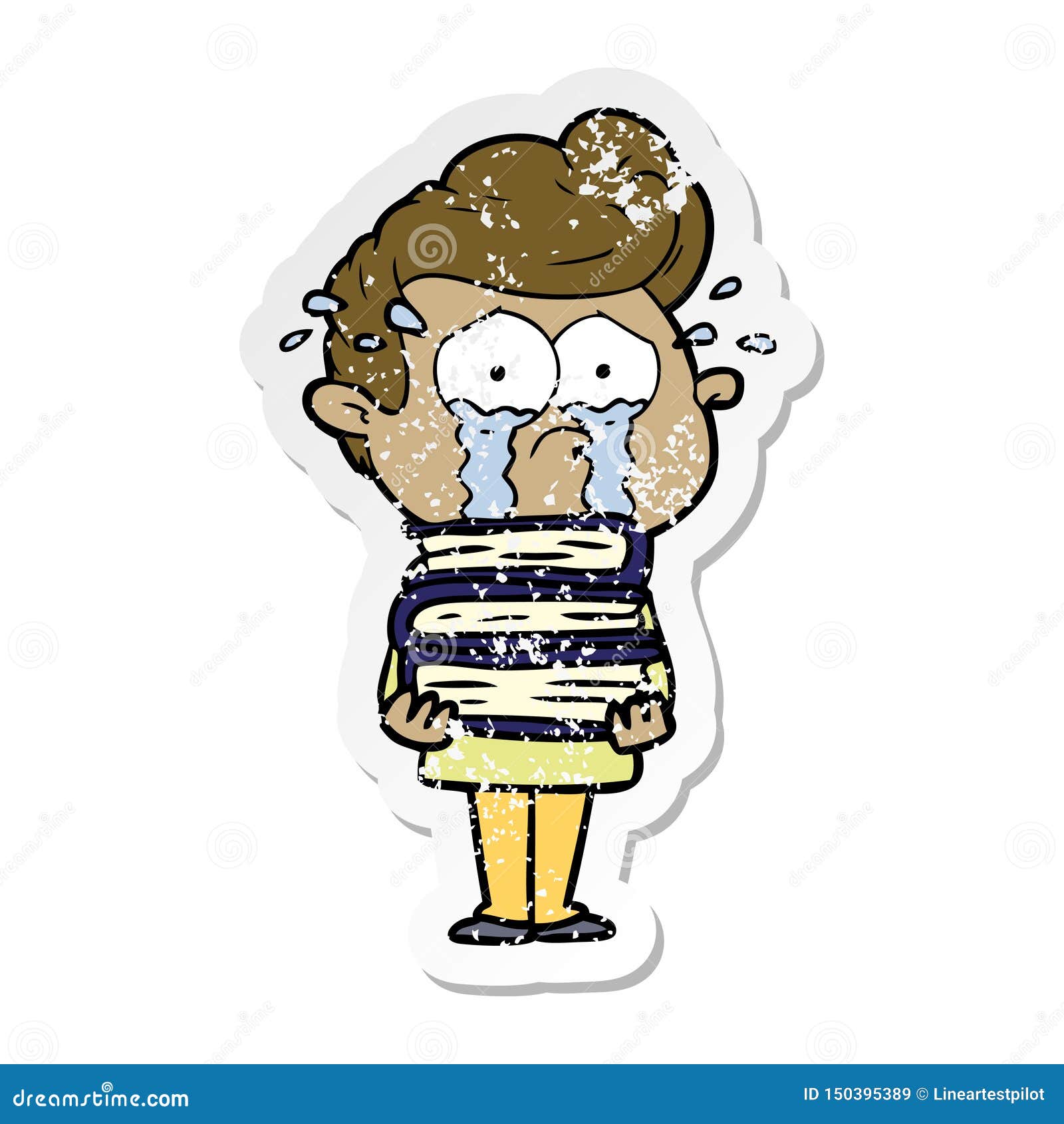 Distressed Sticker Of A Cartoon Crying Student With Stack Of Books ...
