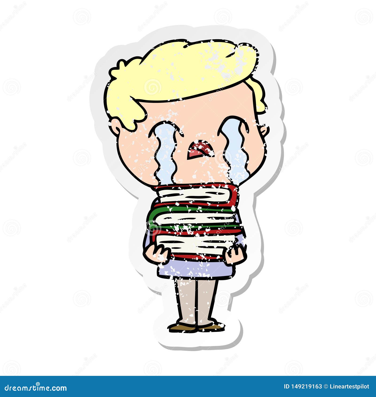 Distressed Sticker of a Cartoon Man Crying Over Stack of Books Stock ...