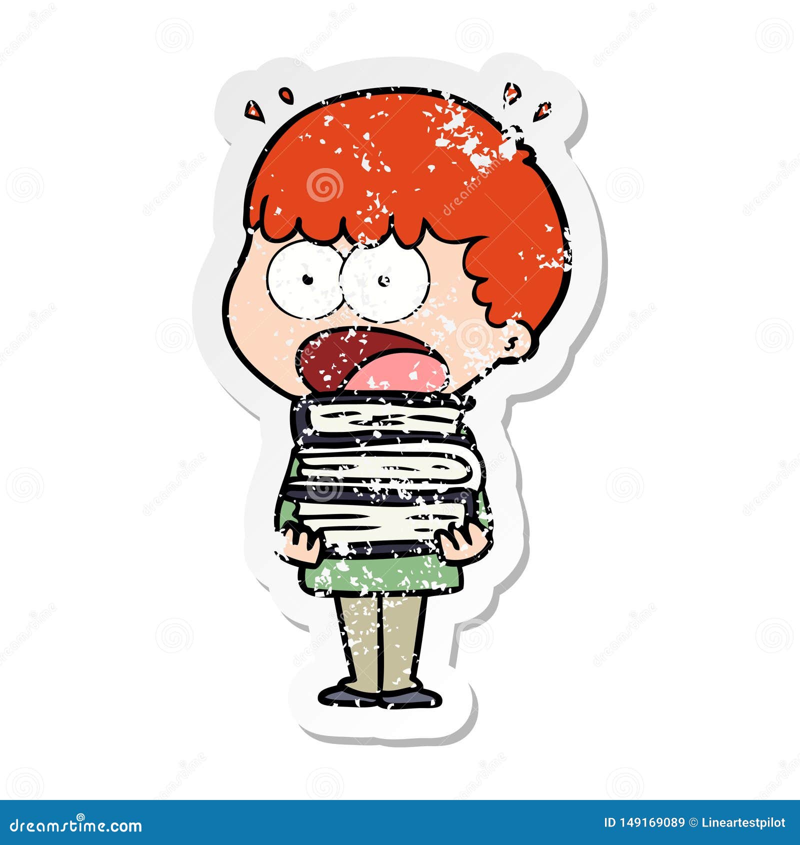 Distressed Sticker of a Cartoon Shocked Boy with Stack of Books Stock ...
