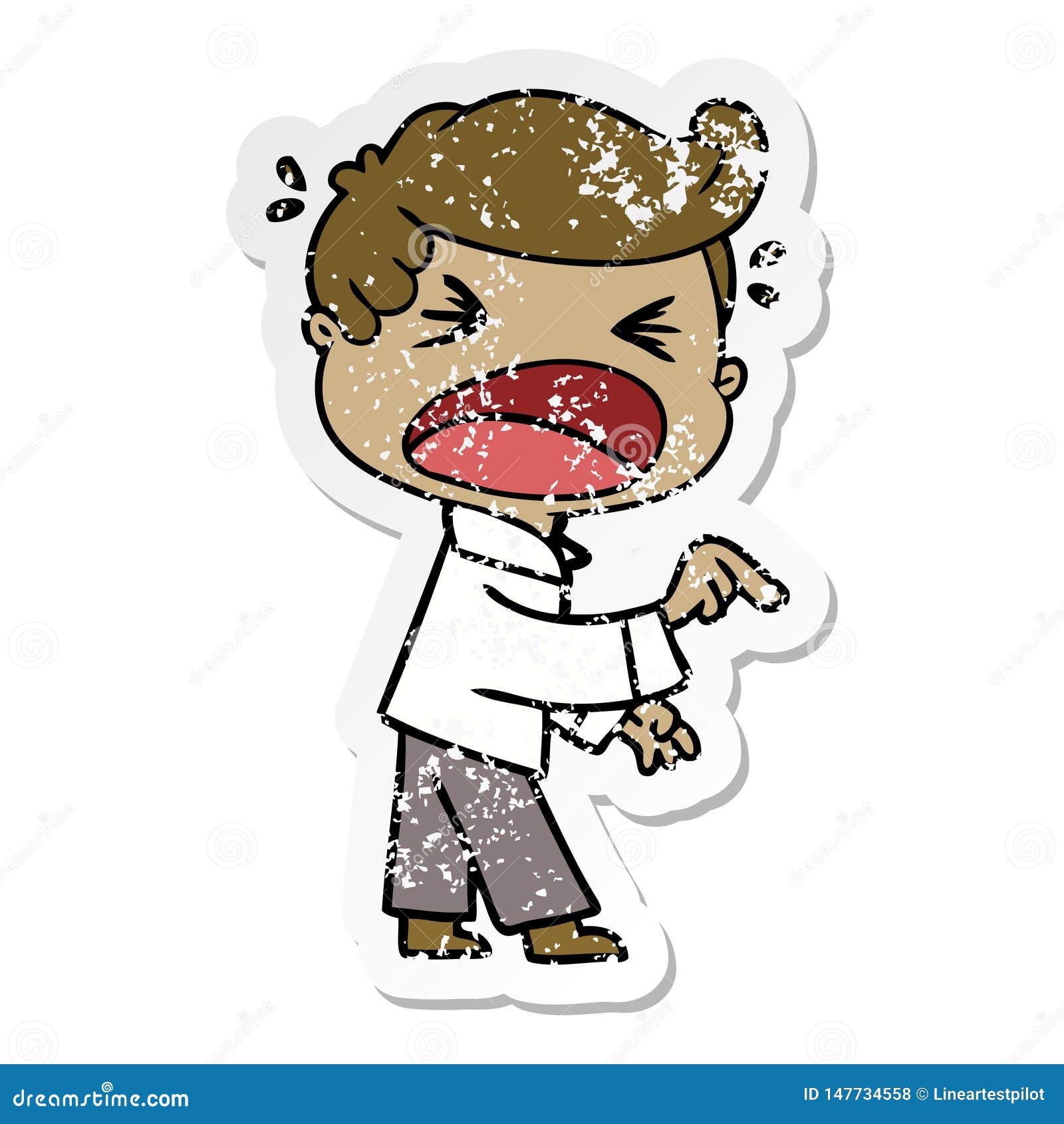 Distressed Sticker of a Cartoon Shouting Man Pointing Finger Stock ...